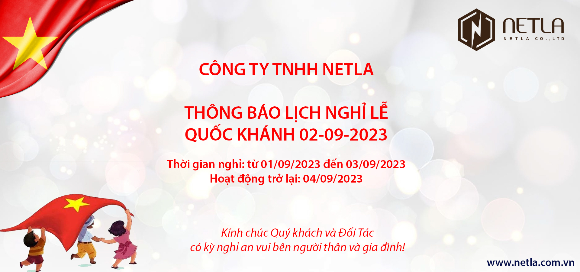 THÔNG BÁO LỊCH NGHỈ LỄ QUỐC KHÁNH 02/09/2023 - CÔNG TY TNHH NETLA